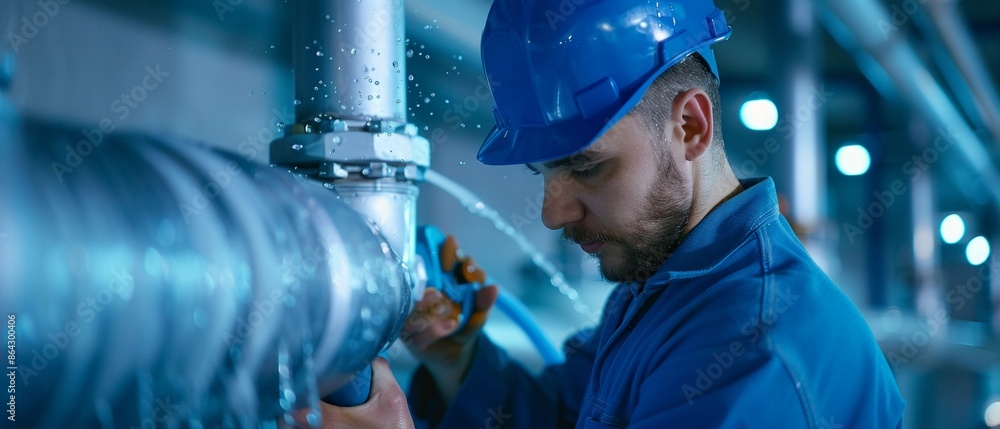 Plumber in a utility room using a hydrojet to unclog a pipe, water ...
