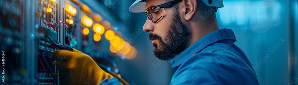 Realistic electrician connecting electrical wires to a breaker box ...