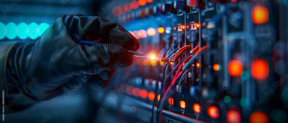 Realistic electrician securing electrical wires in a junction box ...