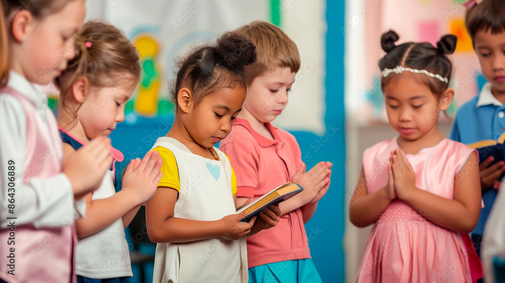 a of children in a Sunday school class, each holding a Bible and bowing ...