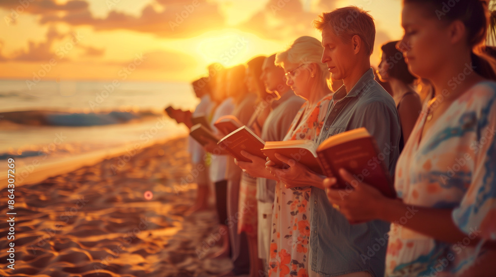 a of a group of people praying together at a beach sunset service, each ...
