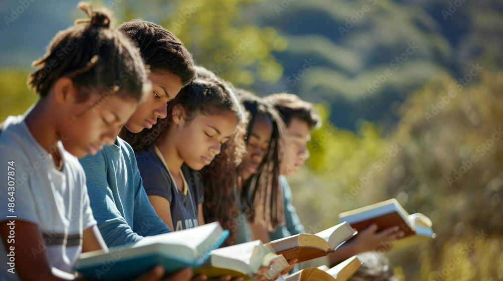 a of a group of teenagers praying together at a retreat, each with a ...
