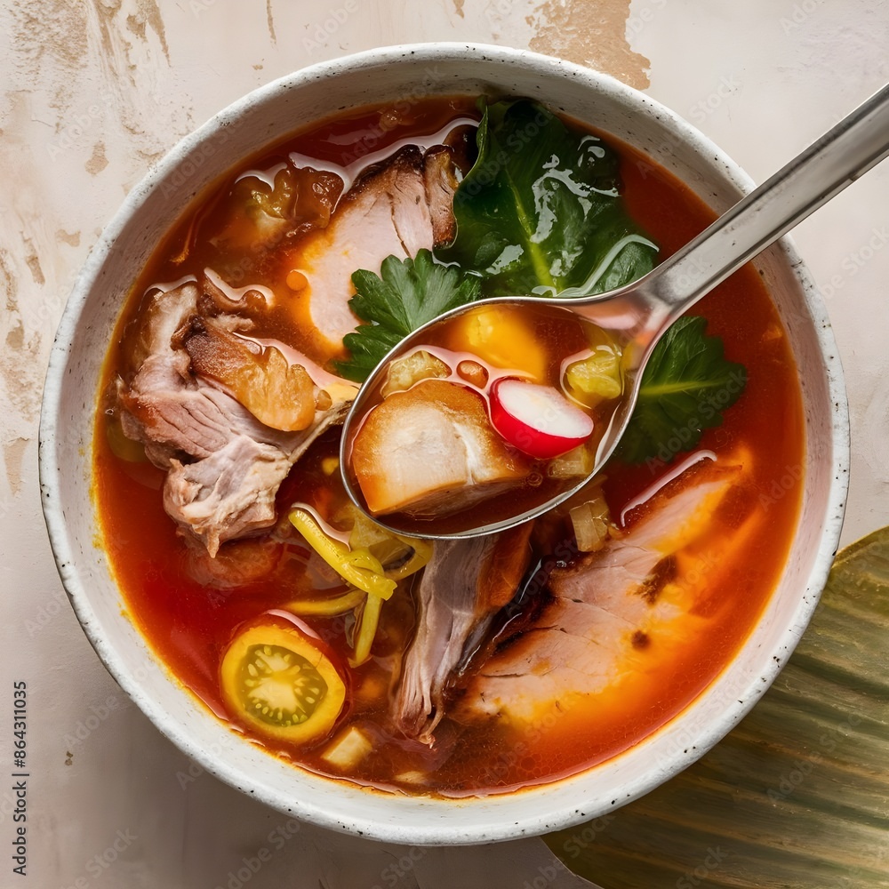 Filipino dish, Pork Sinigang, rustic, in white bowl, loaded with tender ...