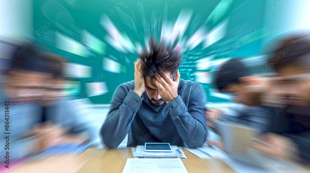 Professional man in a classroom overwhelmed by stress. Colorful ...