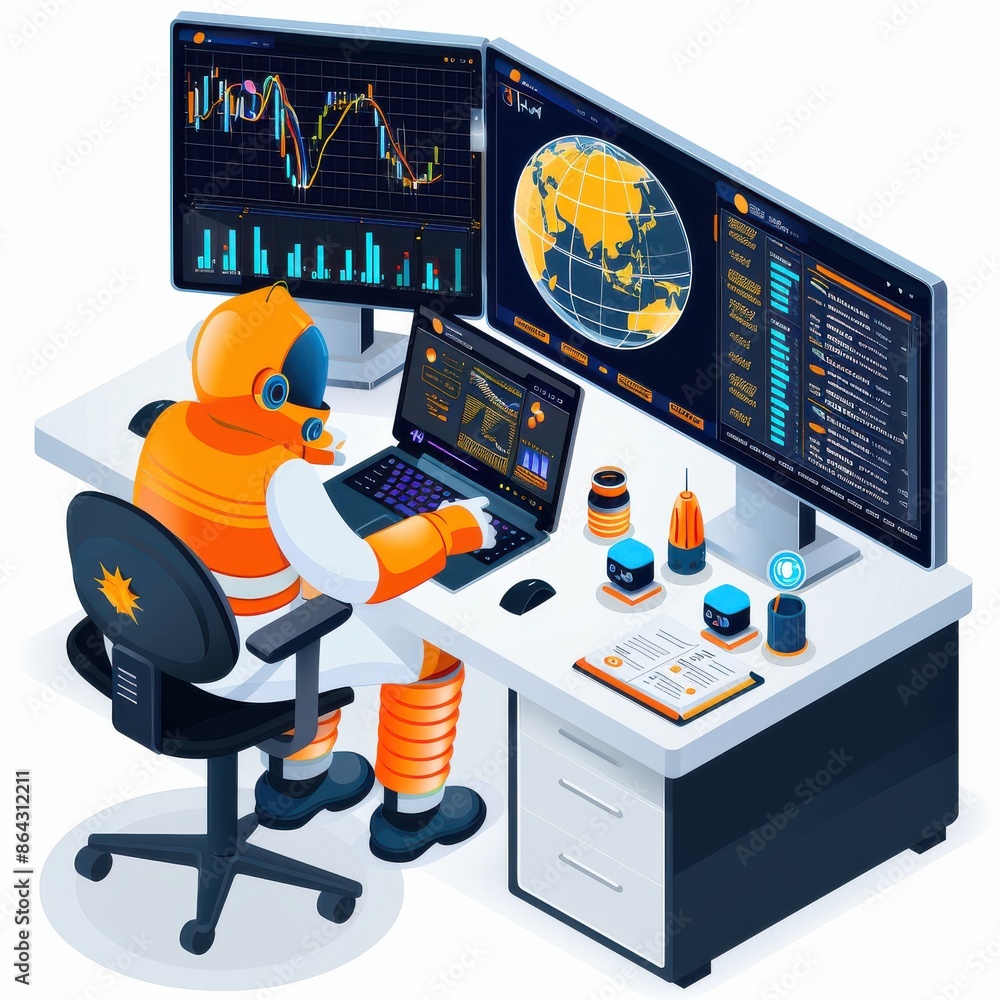 Analysts visualizing AI-driven robotics data, data analytics ...