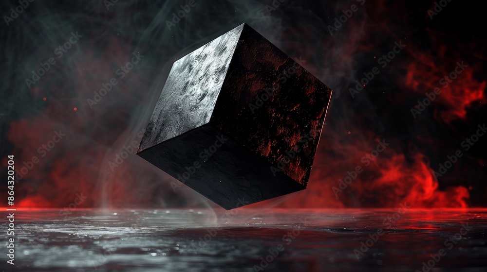 An ominous monolithic giant black cube on its vertex, hovering and ...