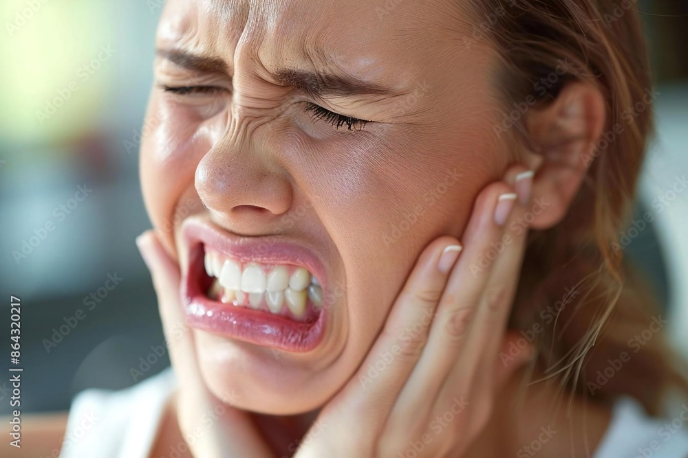 close-up photo of a woman wincing in pain with a toothache, showcasing ...