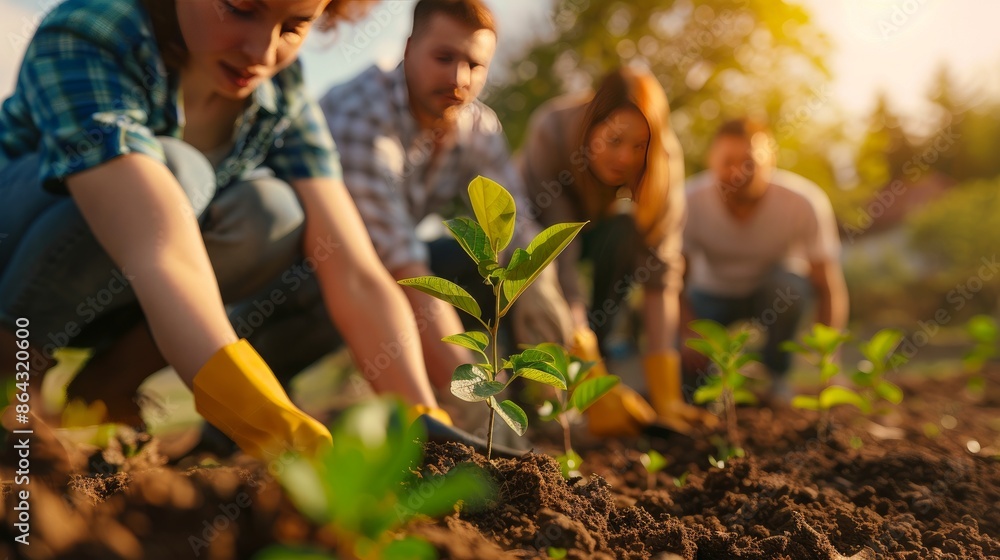 Group of multicultural happy eco activists plants tree at sunset ...