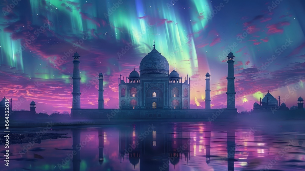 Surreal Taj Mahal with vibrant northern lights in the night sky ...