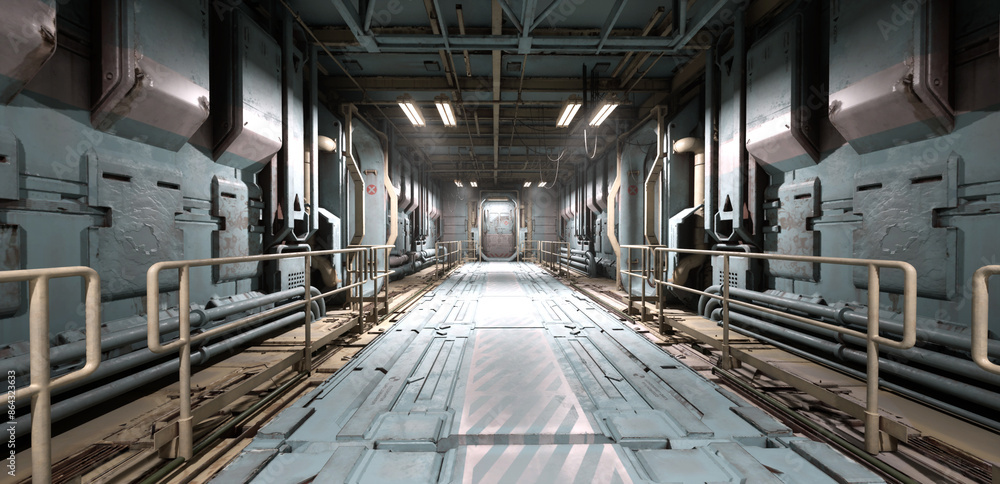 3D illustration of a futuristic sci-fi spaceship corridor with metallic walls, detailed textures ...