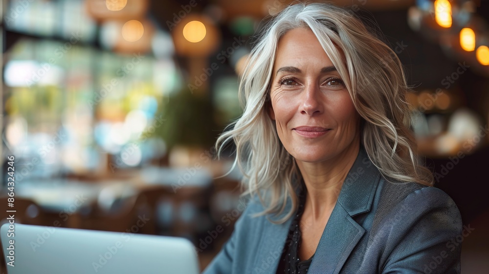 Happy mature business woman entrepreneur in office using laptop at work ...