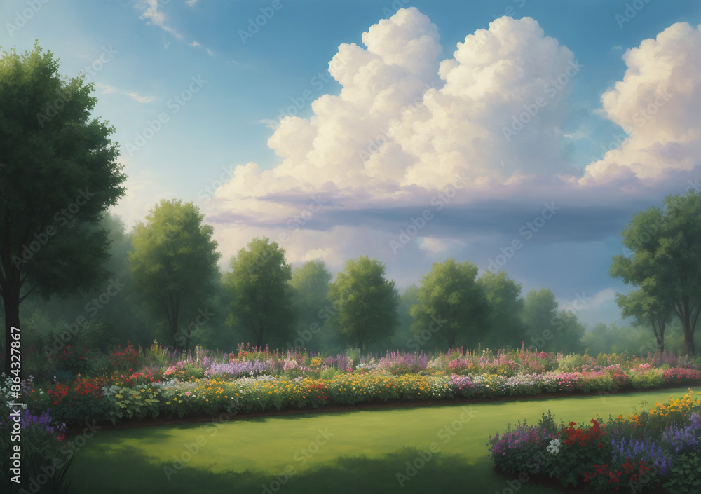 park in spring with tall tree line in the background and hedges with ...