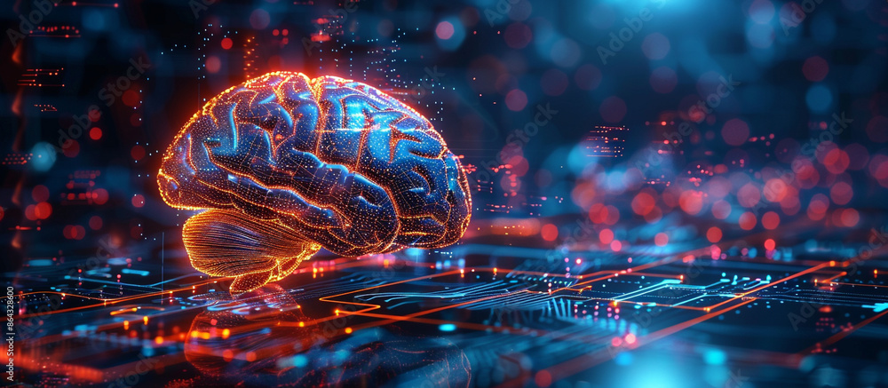 Abstract modern brain technology background with a glowing brain and ...