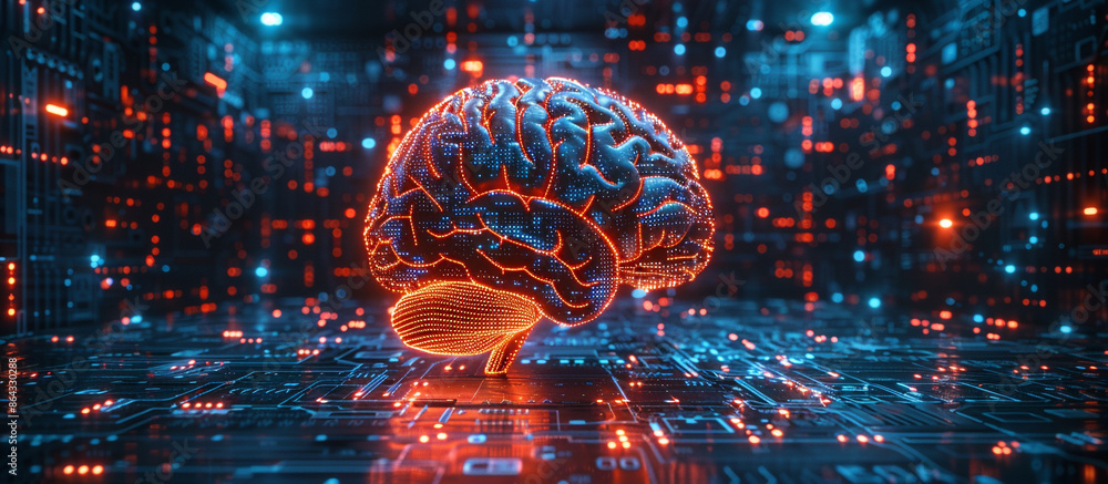 Modern brain technology background with a detailed brain model and ...