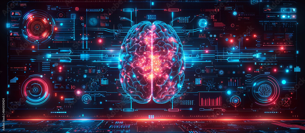 Modern brain technology background with a digital brain and complex ...