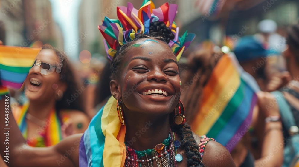 Foto de Inclusive image of a happy black gay woman celebrating new york ...