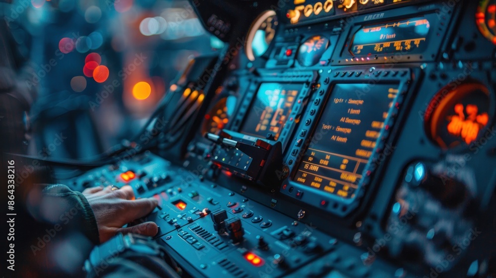 High-tech control center with multiple screens and digital interfaces ...