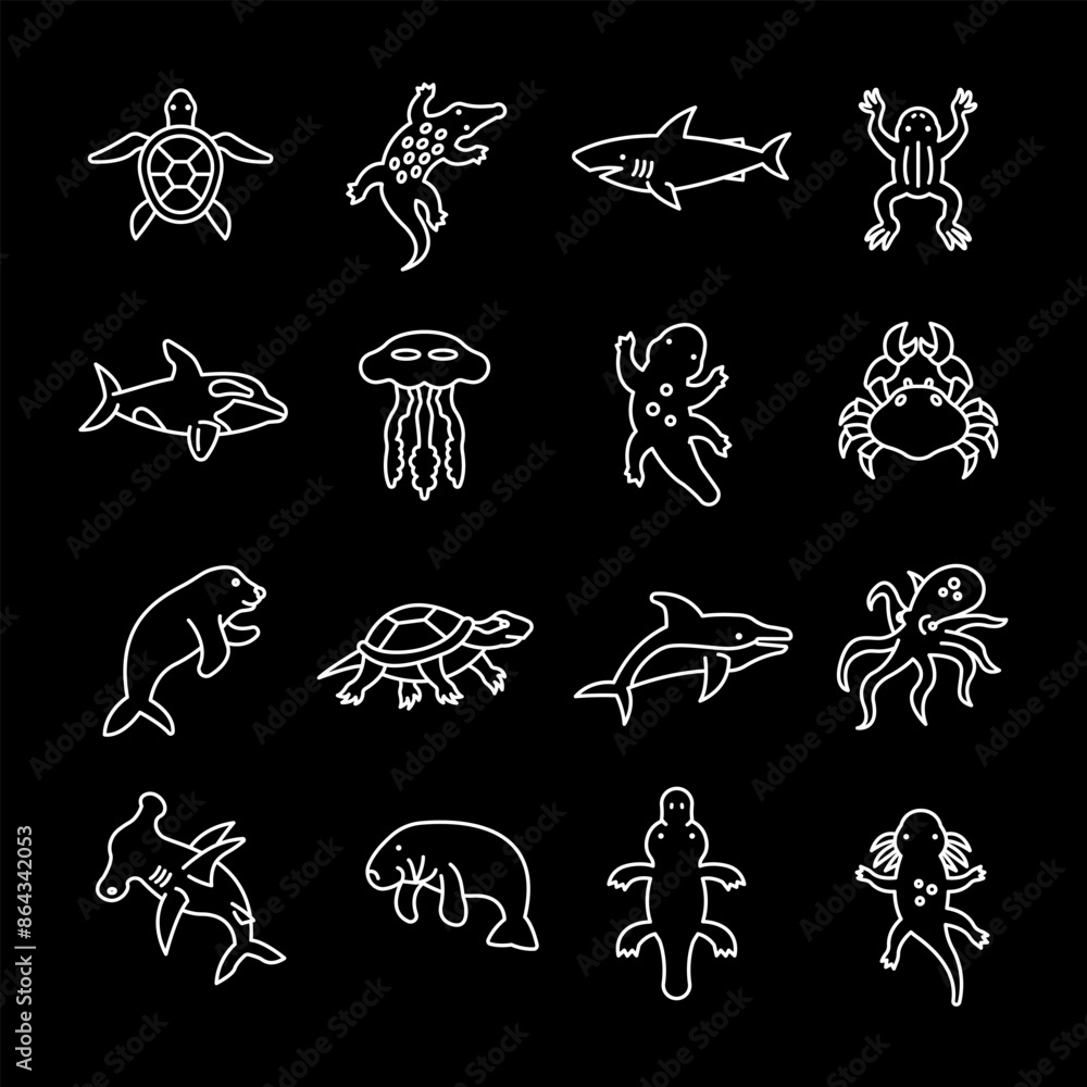 Aquatic animals, white line icons. Marine and freshwater creatures ...