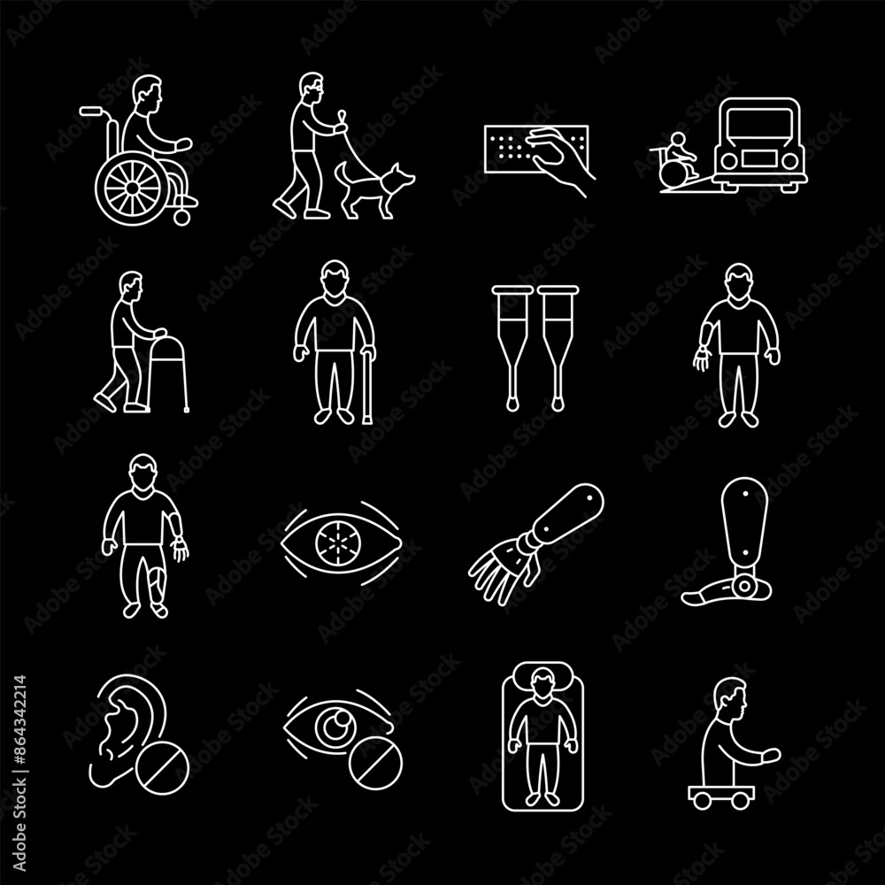 Disability, white line icons. Assistance and support symbols for ...