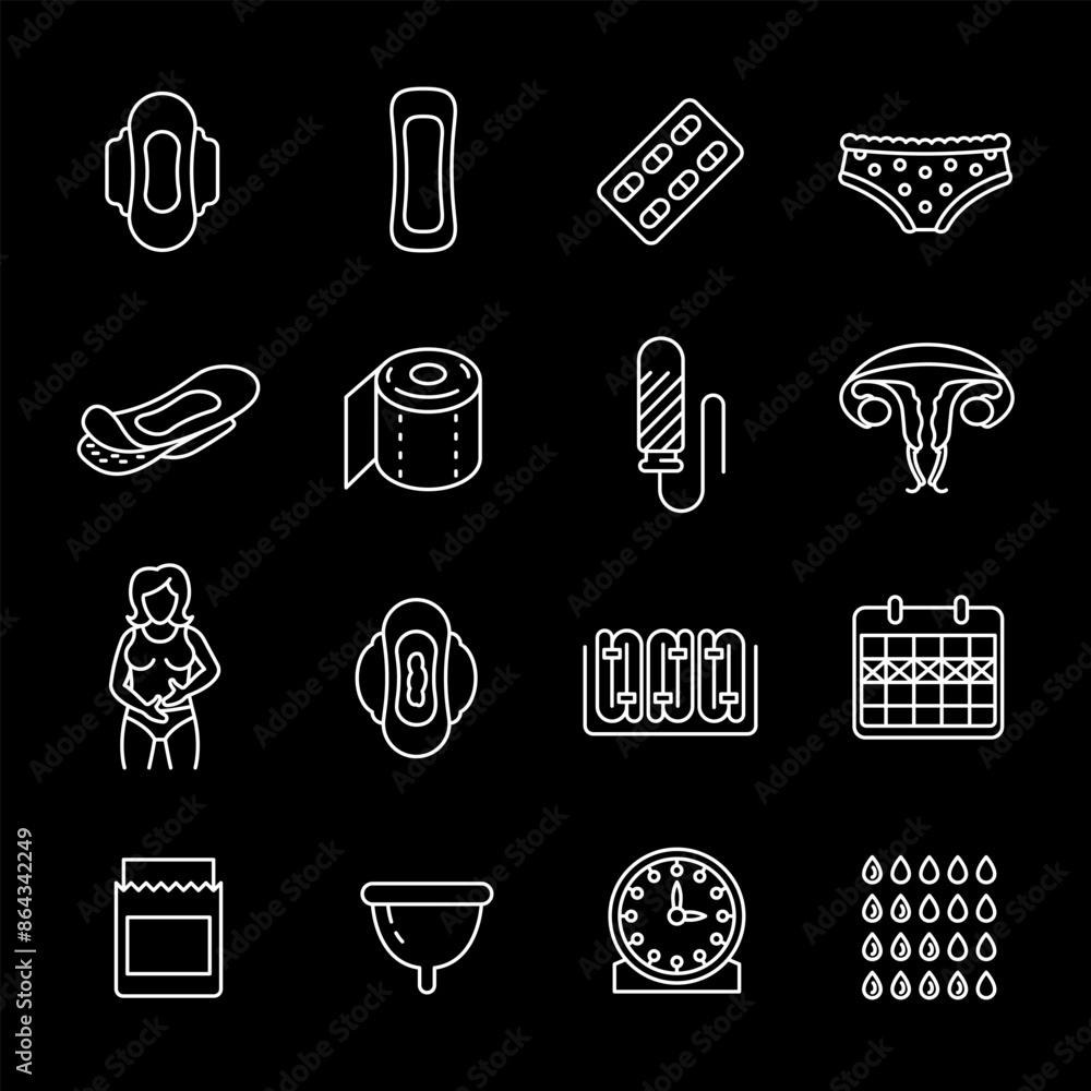 Menstruation, white line icons. Icons depicting the monthly menstrual ...