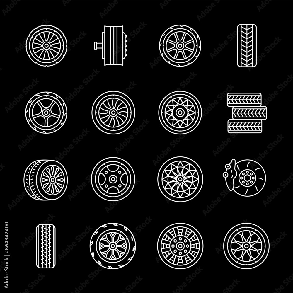 Tires and wheels, white line icons. Car wheels, tires, and rims in ...