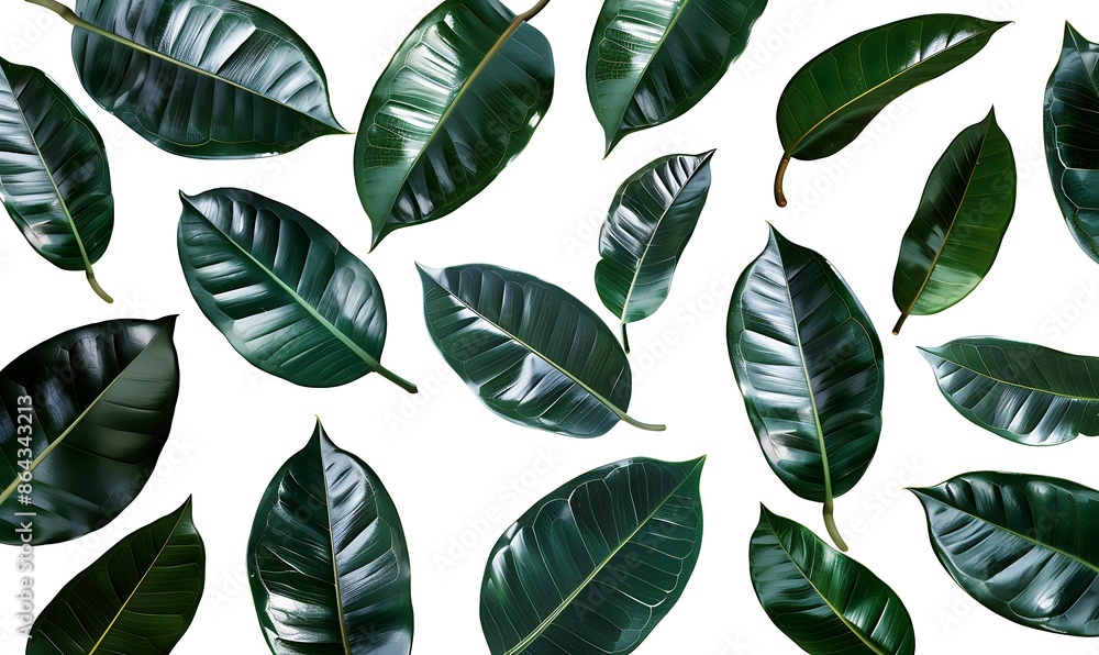 High-resolution cutouts of rubber plant leaves with their glossy, deep ...