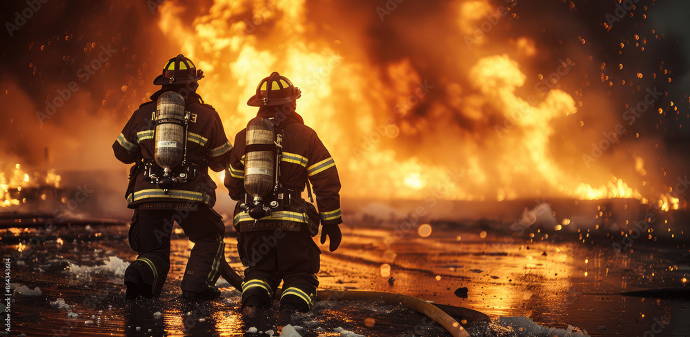 Rear view. Firefighters, two firemen in full gear, wearing black ...