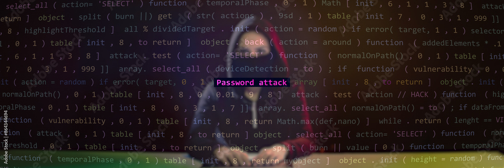 Cyber attack password attack text in foreground screen, Anonymous hacker hidden with hoodie in ...