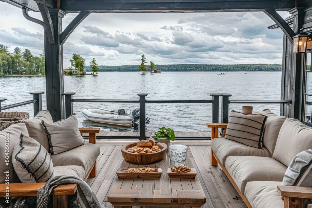 A cozy boathouse deck overlooking the water, featuring comfortable ...