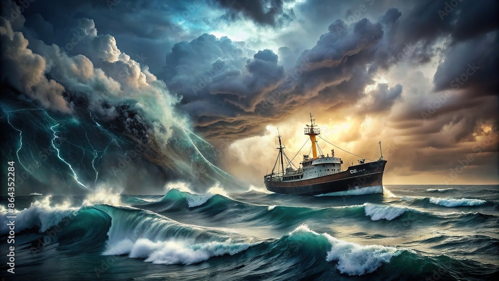 Ship battling through a powerful storm at sea, ship, storm, rough seas ...