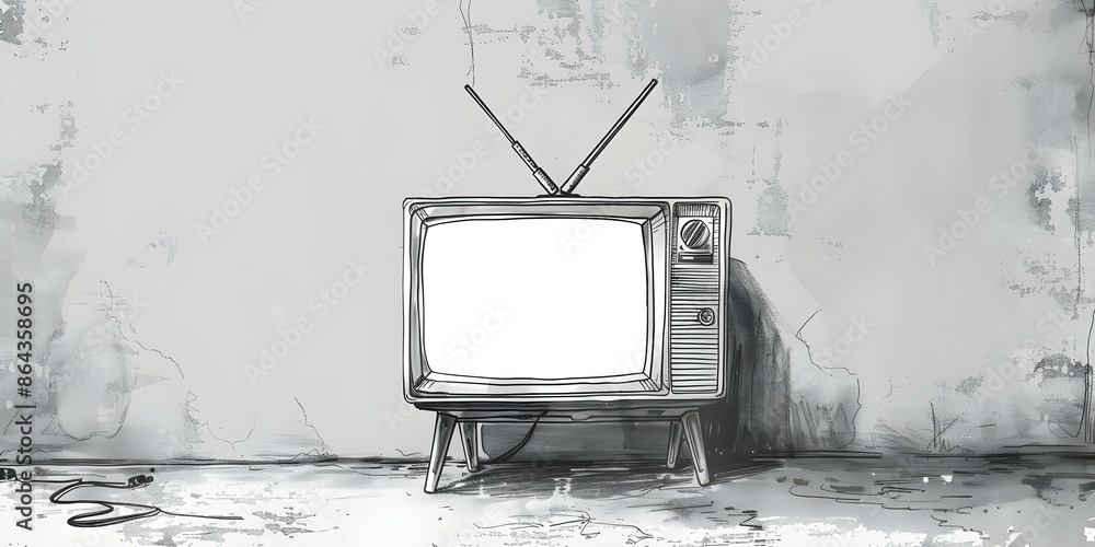 Vintage 1950s TV set with antenna Ink sketch of an empty screen ...