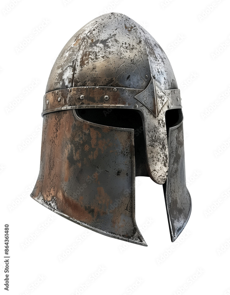 Weathered medieval knight's helmet with rusty patina. Ancient warrior's ...