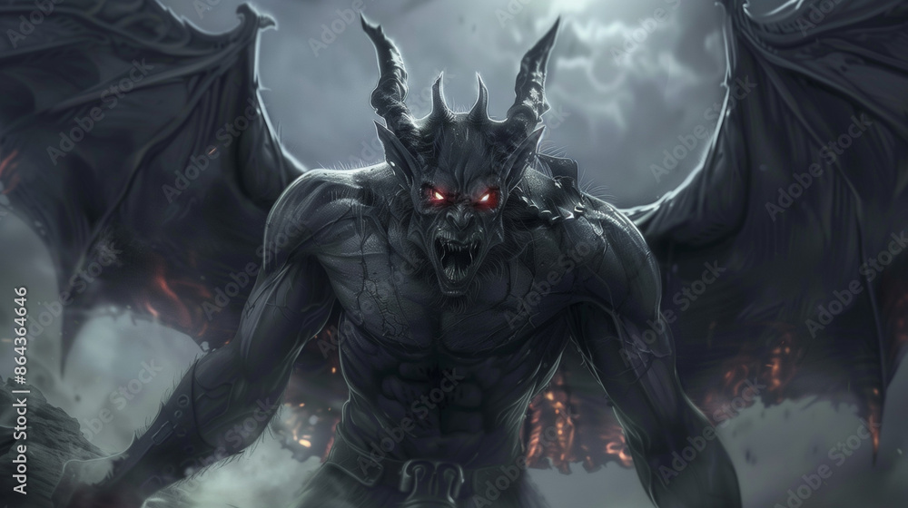 Male gothic monster creature with evil satanic horns and wings glowing ...