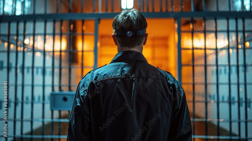 A prison guard seen from the back stands in front of a prison cell ...