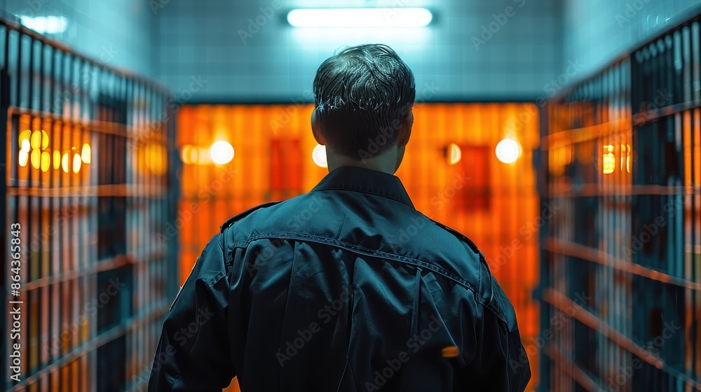 A prison guard is standing in a hallway with prison cells on both sides ...