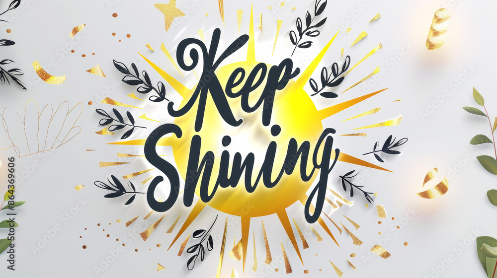 A hand-lettered motivational phrase "Keep Shining" with a sunburst design in yellow and orange ...