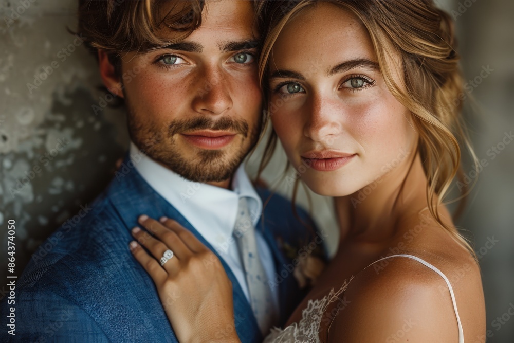 A newlywed couple poses for a wedding portrait, displaying their love and commitment on their ...