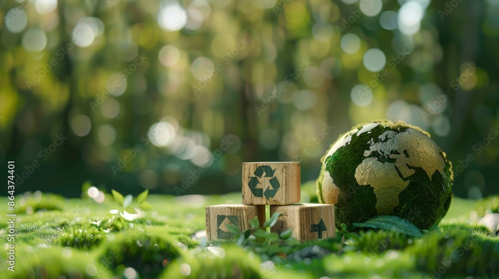 EarthFriendly Symbols Wooden Blocks and MossCovered Sphere Promoting ...