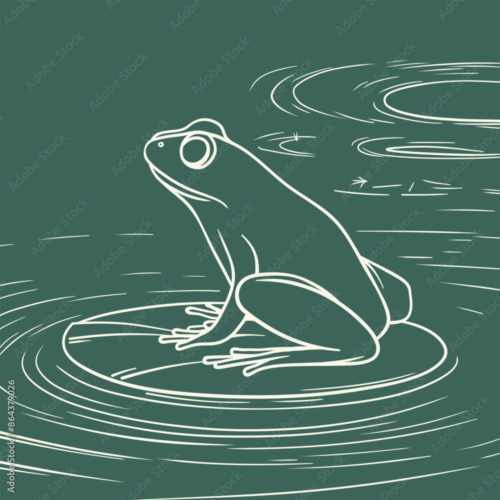 Minimal line art drawing illustration of a frog sitting on a water lily ...