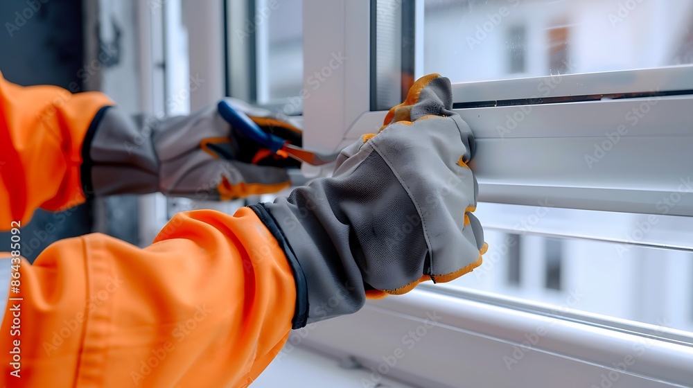 construction worker installing modern window frame with safety gloves ...