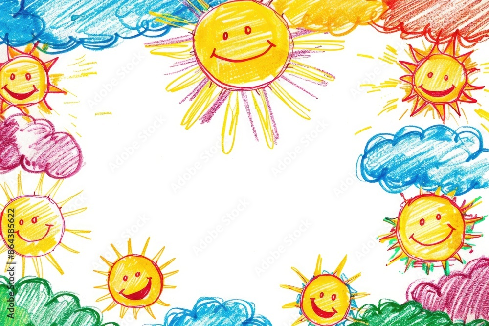 Colorful Childrens Drawing of Smiling Suns and Clouds - Perfect ...