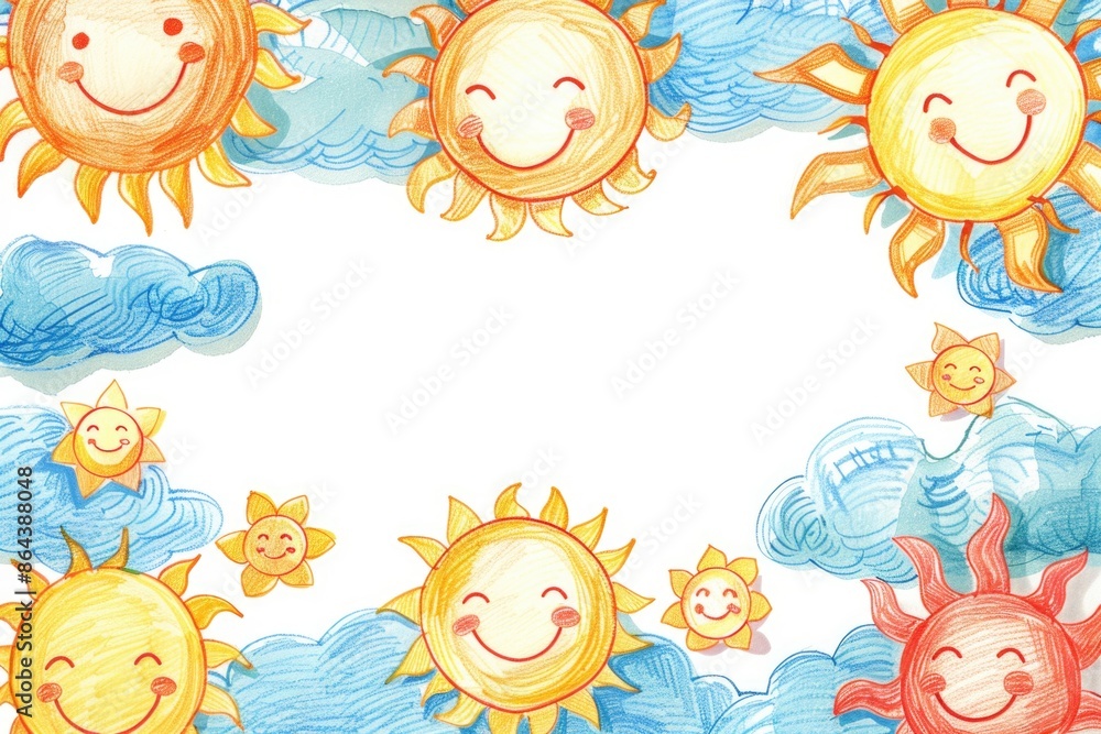 Delightful Summer Background with Smiling Suns and Fluffy Clouds ...