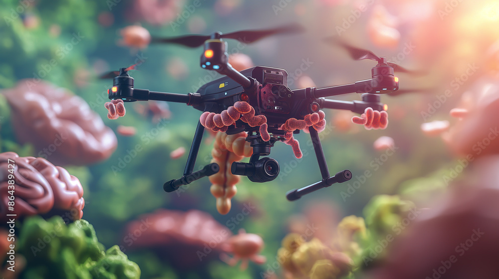 A drone flies over a 3D model of the human digestive system, showing ...