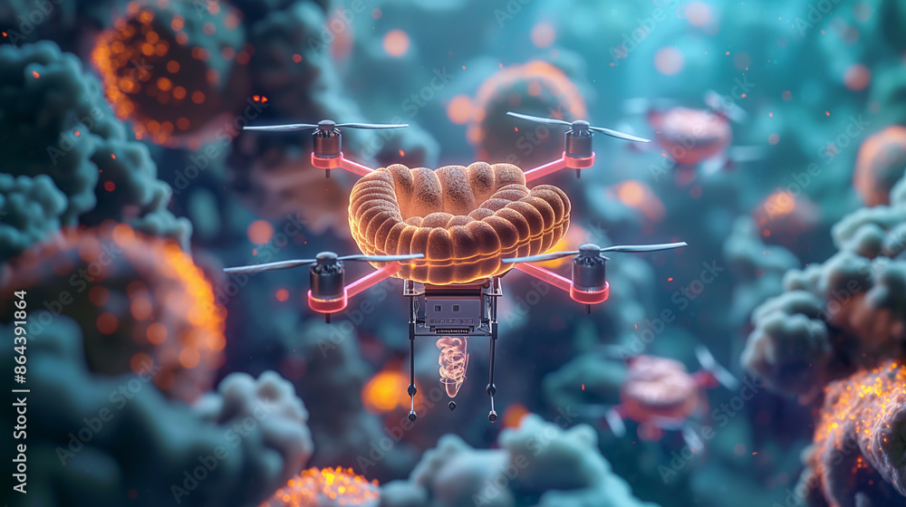 A drone flies over a 3D model of the human digestive system, showing ...