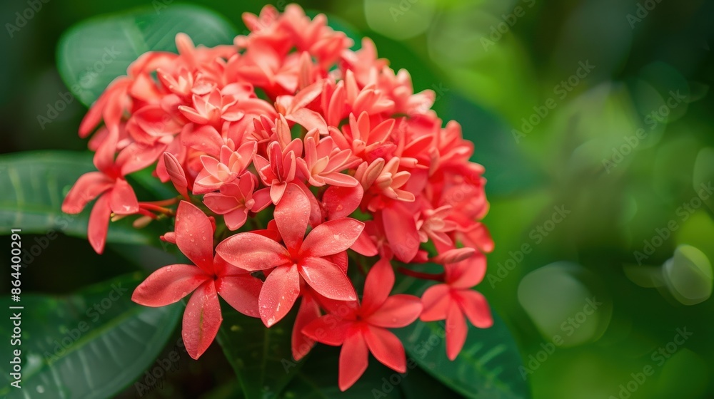 Red ixora (Dok Khem) flowers in full bloom, symbolizing passion and ...