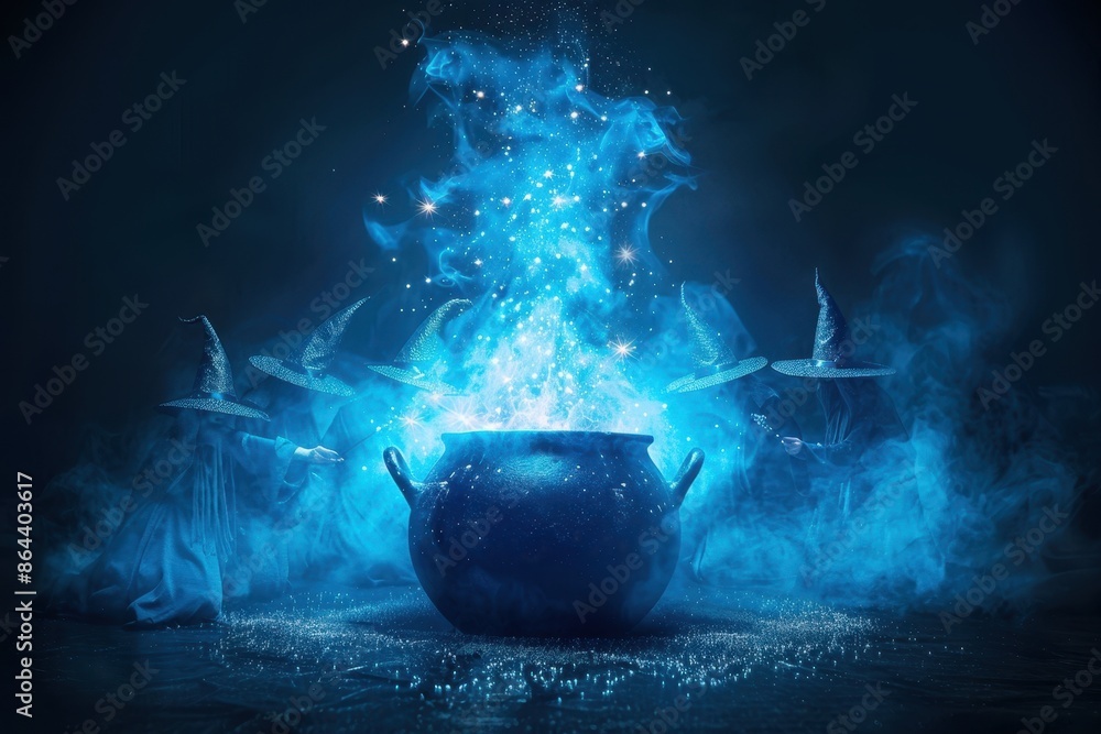 Mystical blue cauldron emitting magical light with glowing birds ...