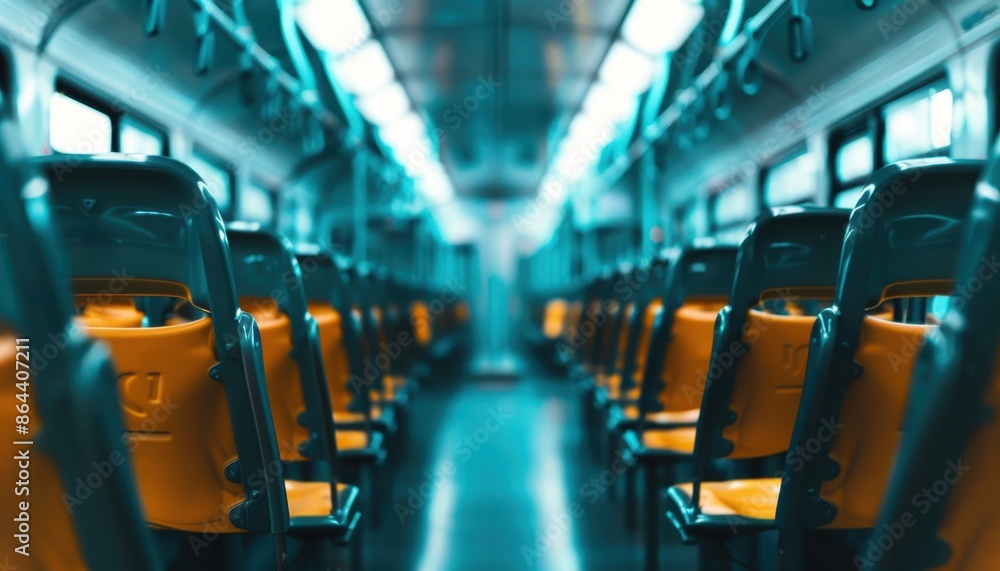 Empty seats inside a modern public transportation bus with teal and ...