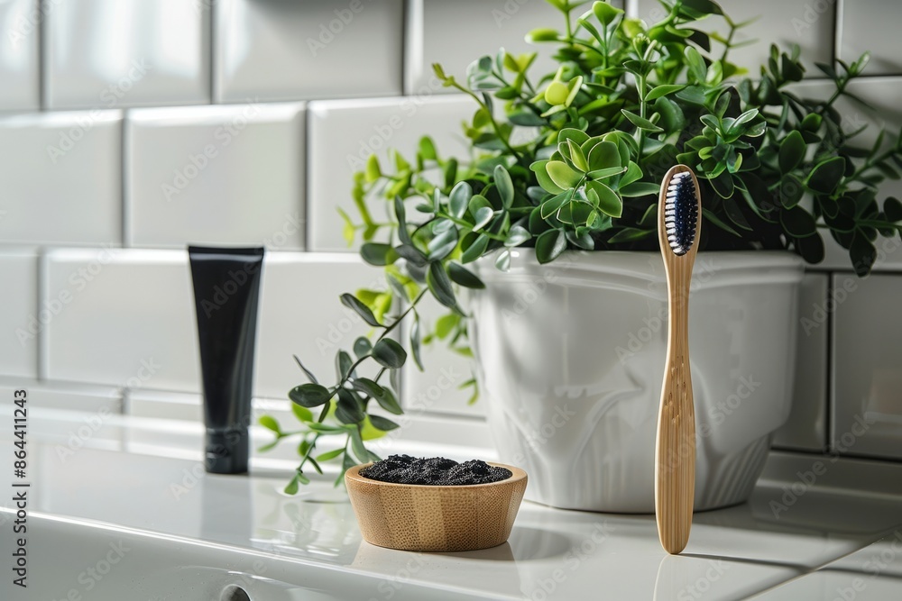 A bamboo toothbrush with black bristles, next to a charcoal dentifrice ...