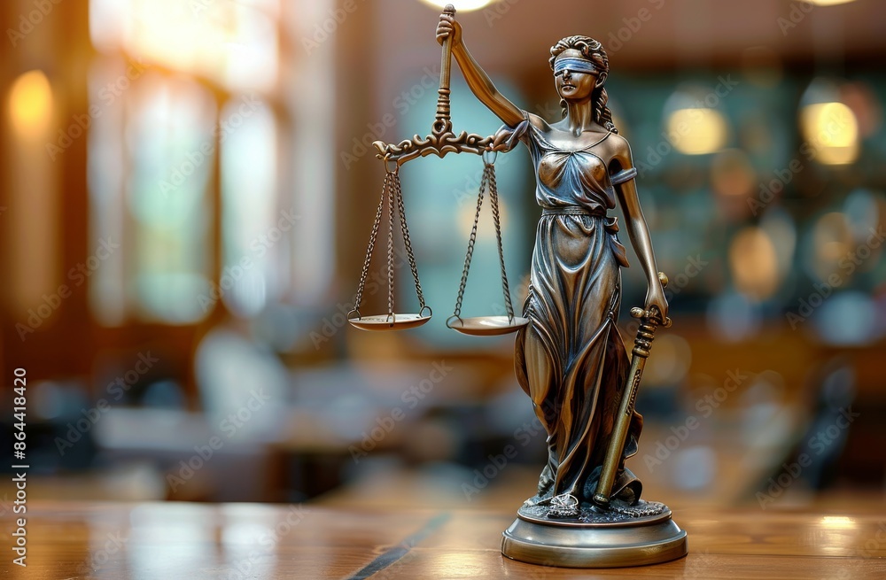 Bronze Lady Justice Statue Holding Scales of Justice on Wooden Table ...