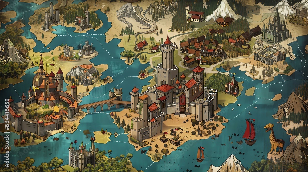 A map of a fantasy world with castles, mountains, forests, and rivers ...